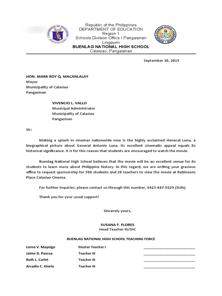 Sponsorsp Viewing Heneral Luna Letter | PDF