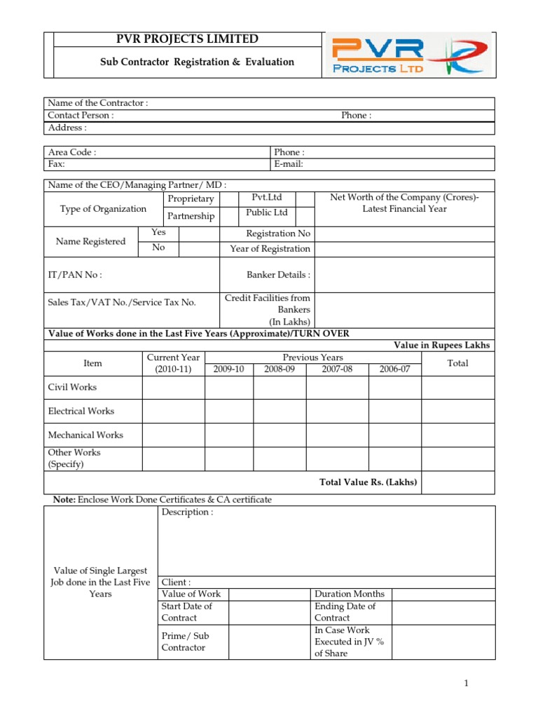 PVR Projects Limited: Sub Contractor Registration & Evaluation | PDF ...