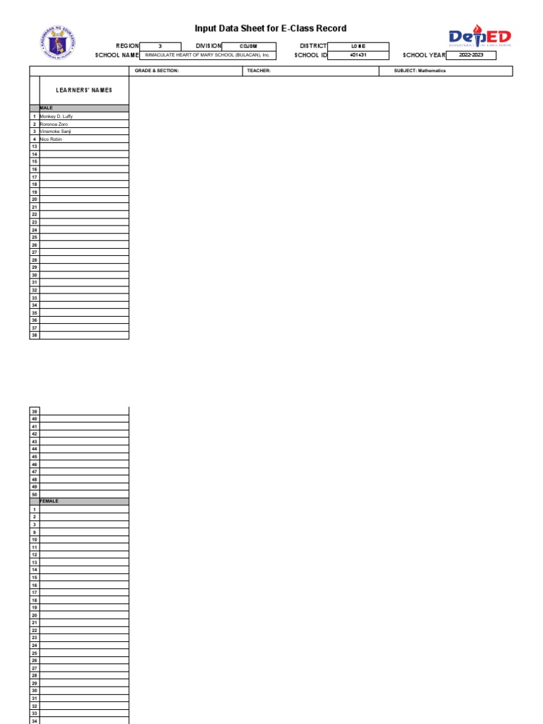 Sample Class Record | PDF