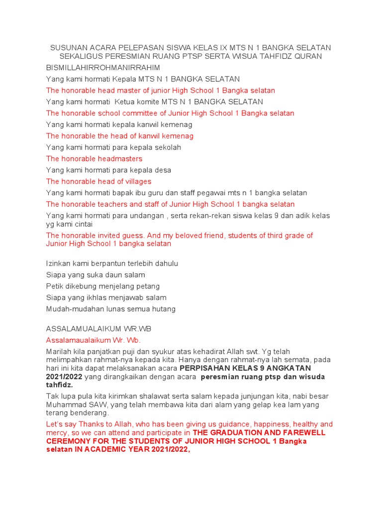 Susunan Acara Pelepasan Siswa Kelas Ix MTS N 1 Bangka Selatan Sekaligus Peresmian Ruang PTSP ...