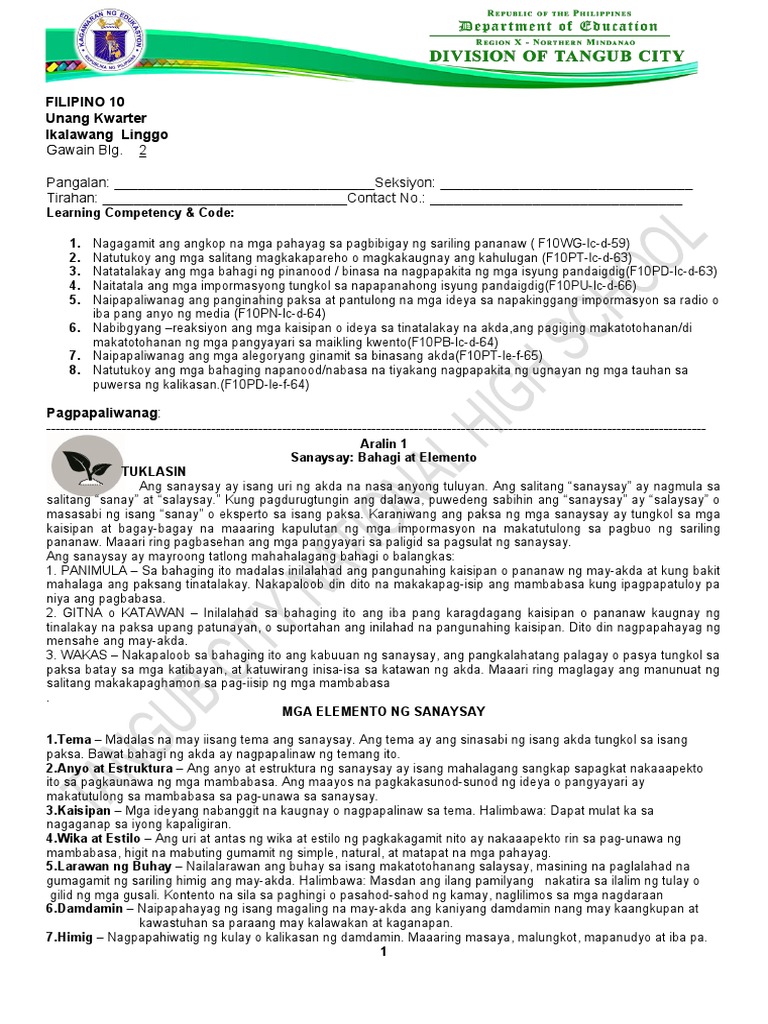 1st Quarter Filipino 10 Week 2 SLM | PDF