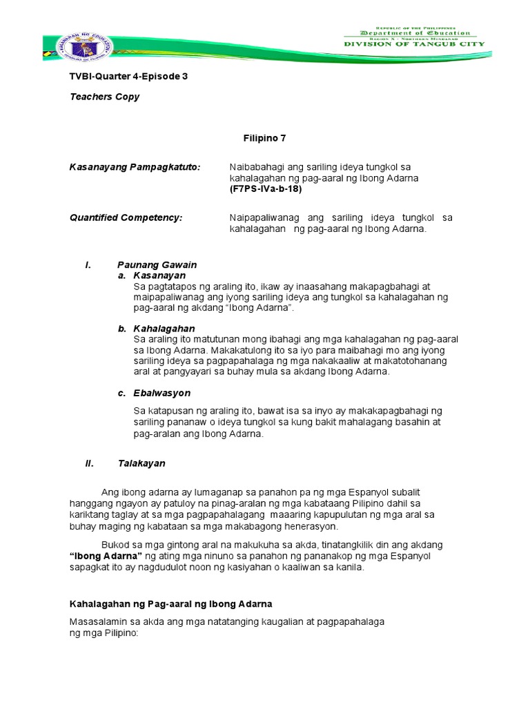 Filipino 7 Q4 Week 3 Teacher's | PDF