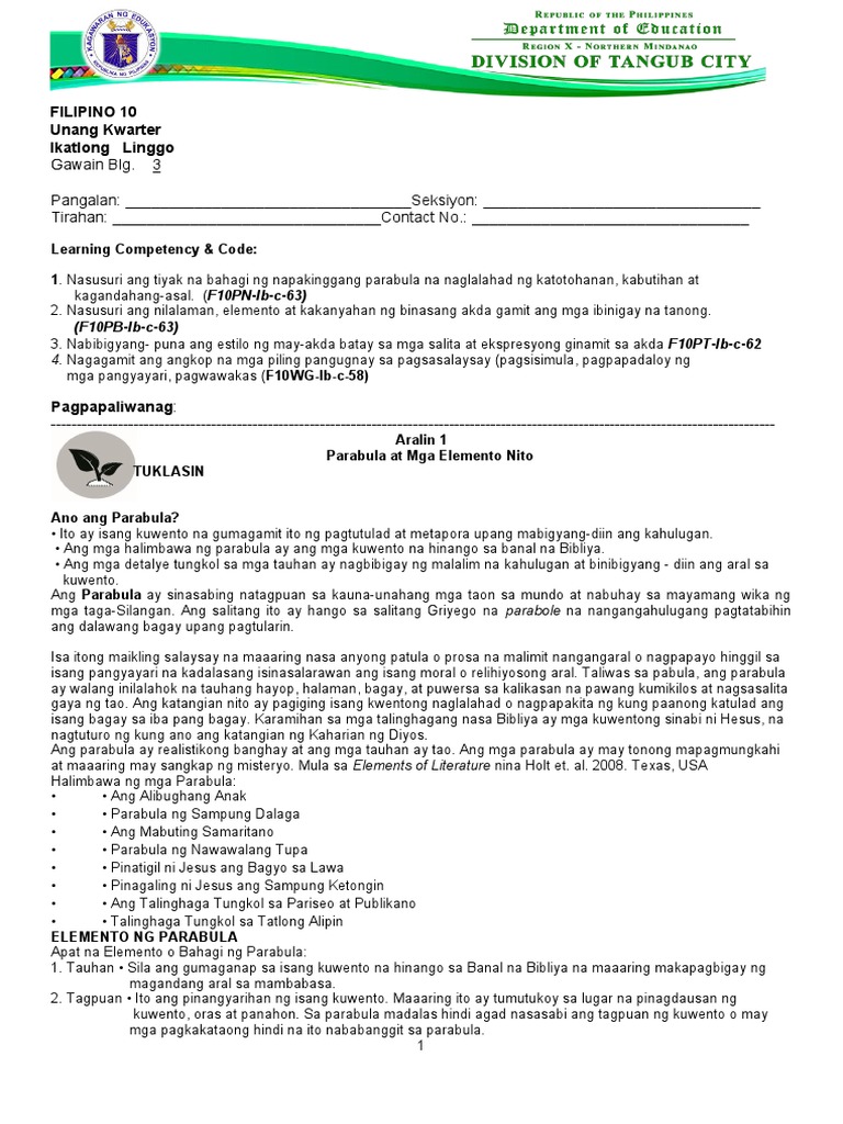 1st Quarter Filipino 10 Week 3 SLM | PDF