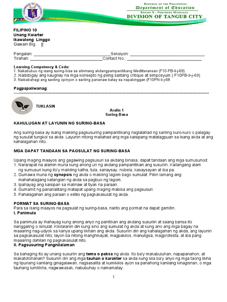 1st Quarter Filipino 10 Week 8 SLM | PDF