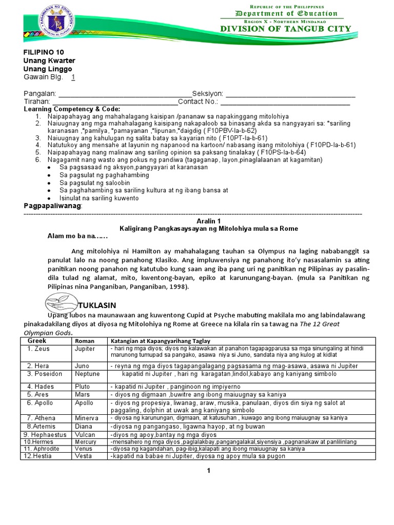 1st Quarter Filipino 10 Week 1 SLM | PDF