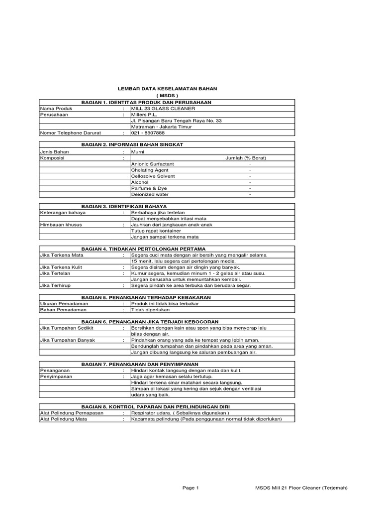 MSDS MILL 23 Glass Cleaner | PDF