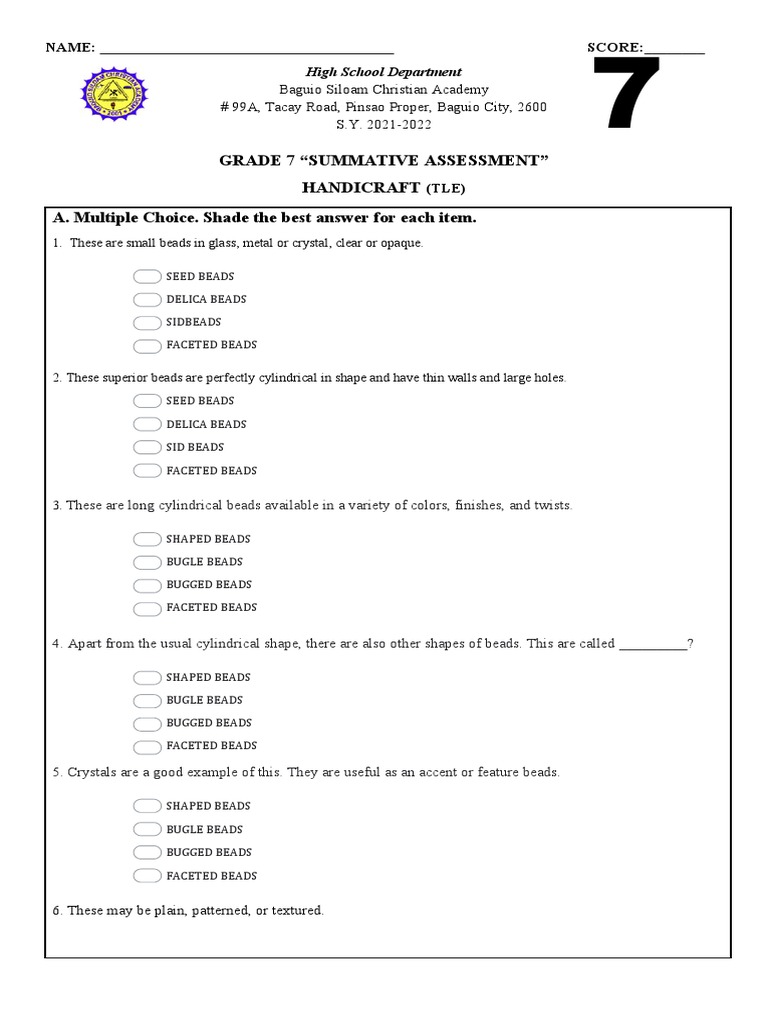 #Grade-7 - Q3 Summative Assessment. | PDF | Embroidery | Bead