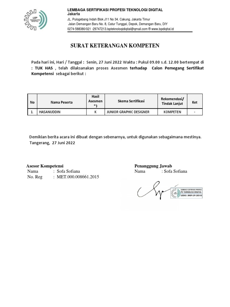 Surat Keterangan Kompeten Hasanuddin | PDF