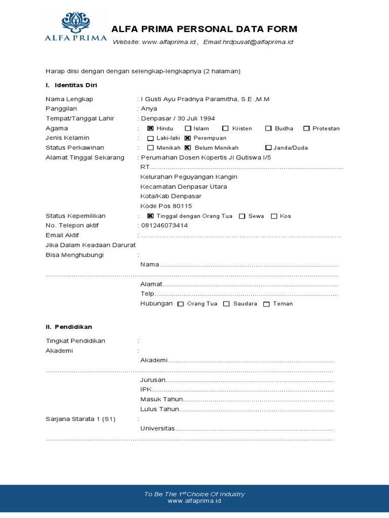 Alfa Prima Personal Data Form | PDF