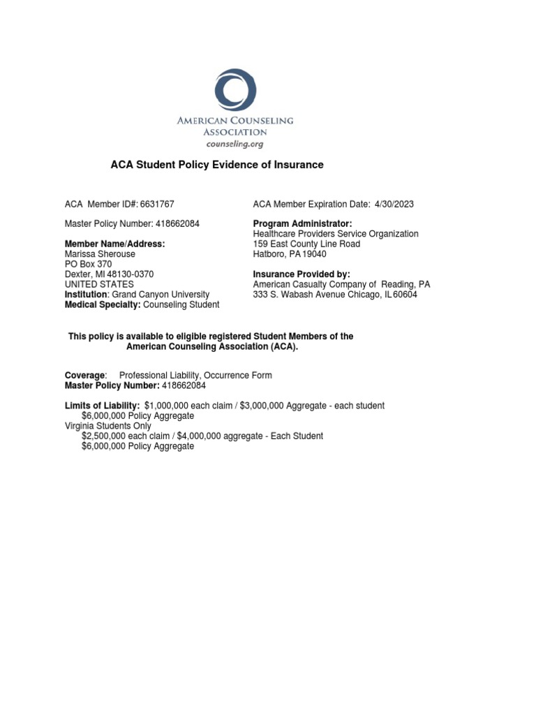Aca Policy Evidence of Insurance | PDF | Professional Liability ...