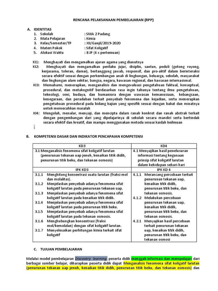 RPP KD 3.1 Sifat Koligatif Larutan 1819 | PDF