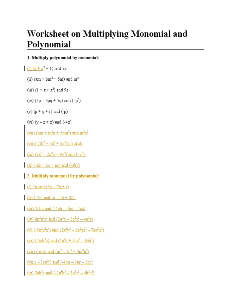 Worksheet On Multiplying Monomial and Polynomial | PDF