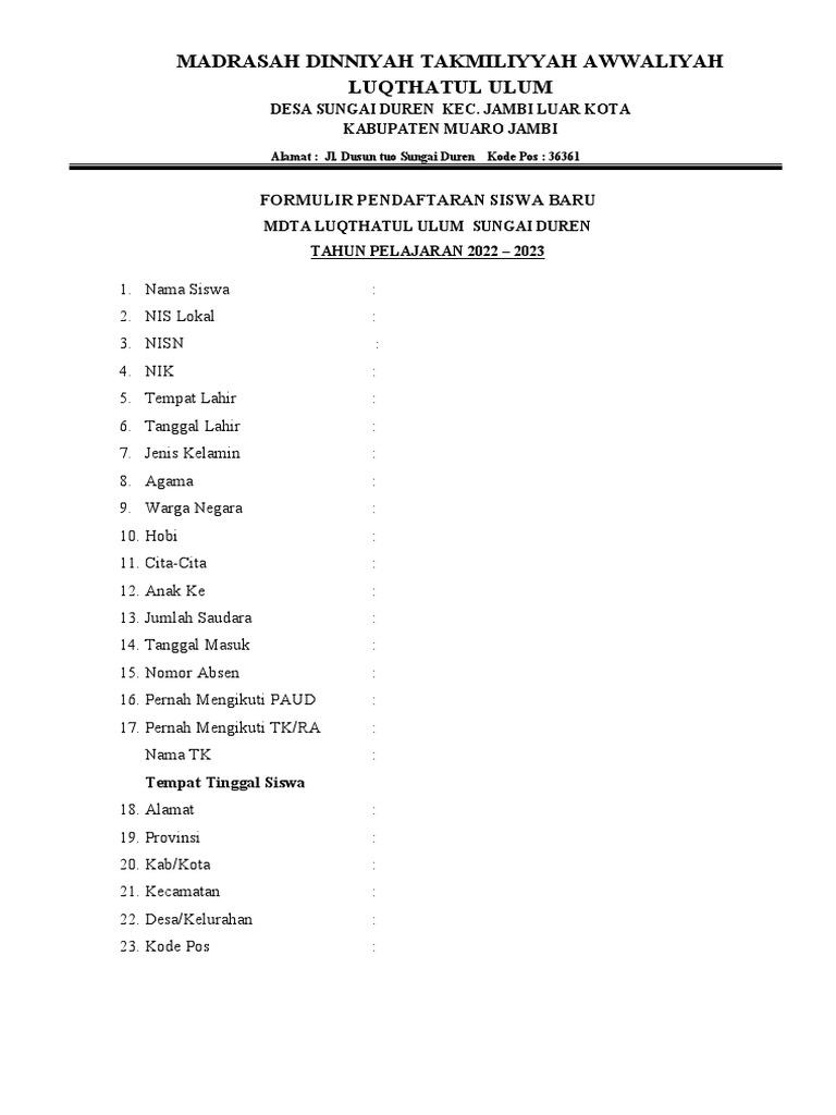 Formulir MADRASAH DINNIYAH TAKMILIYYAH AWWALIYAH | PDF