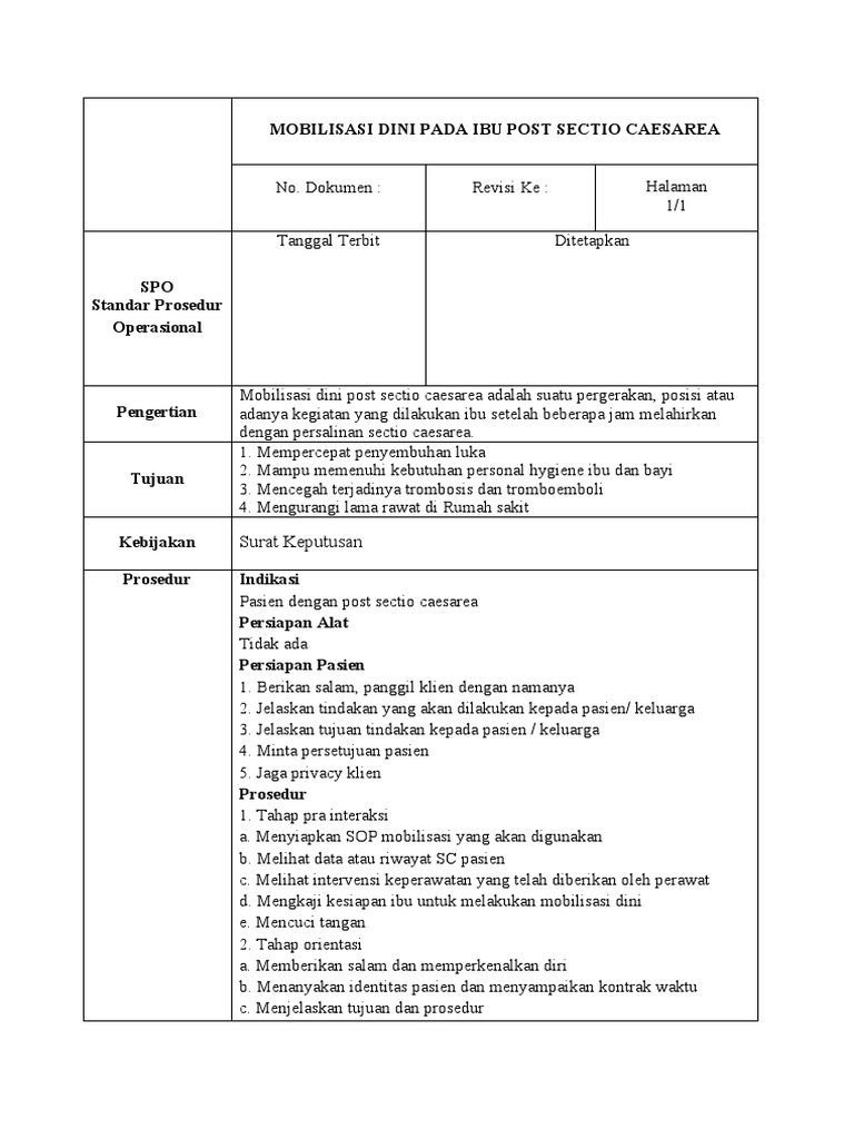 Sop Mobilisasi Dini Pada Ibu Post Sectio Caesarea | PDF