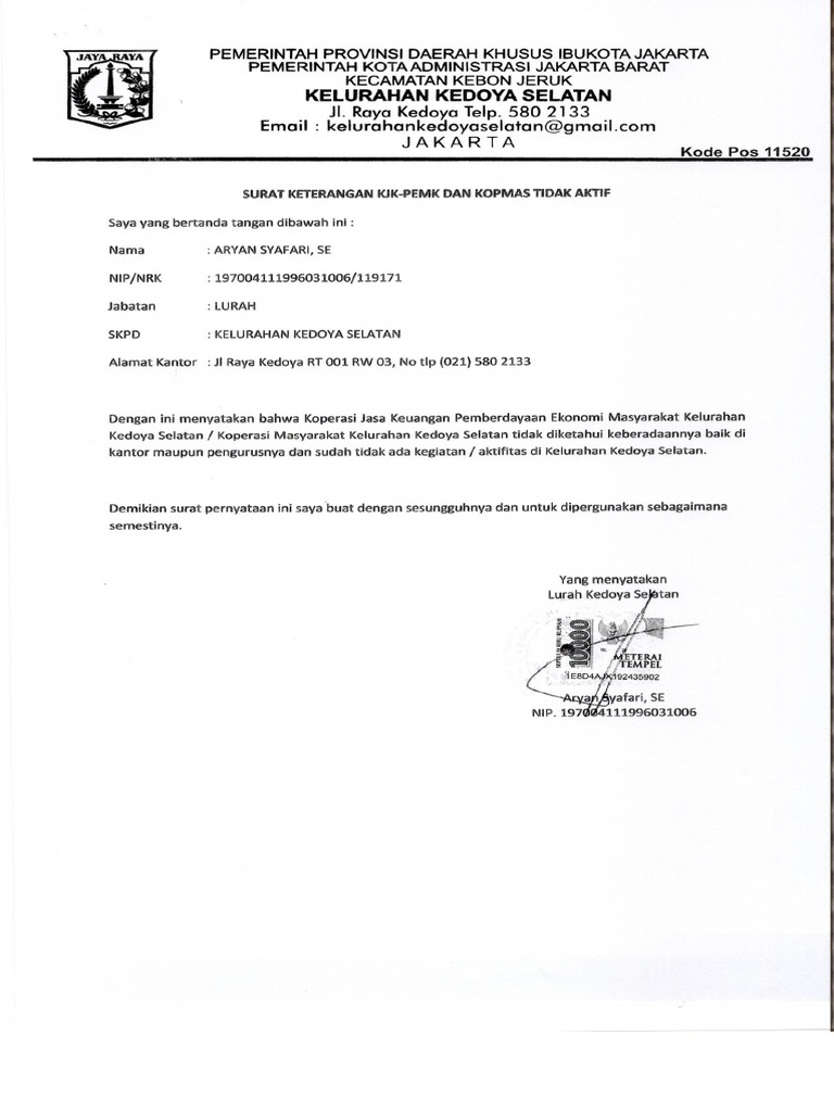 Surat Pernyataan KJK PPMK Kedoya Selatan | PDF