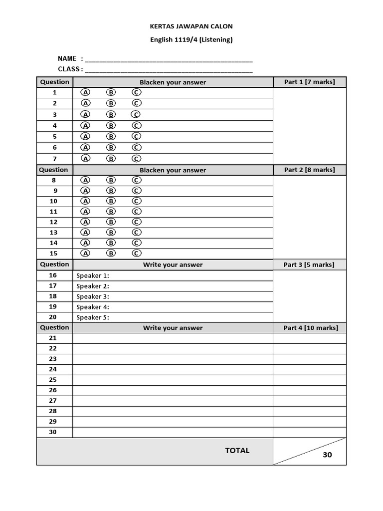 Kertas Jawapan Calon Listening SPM | PDF