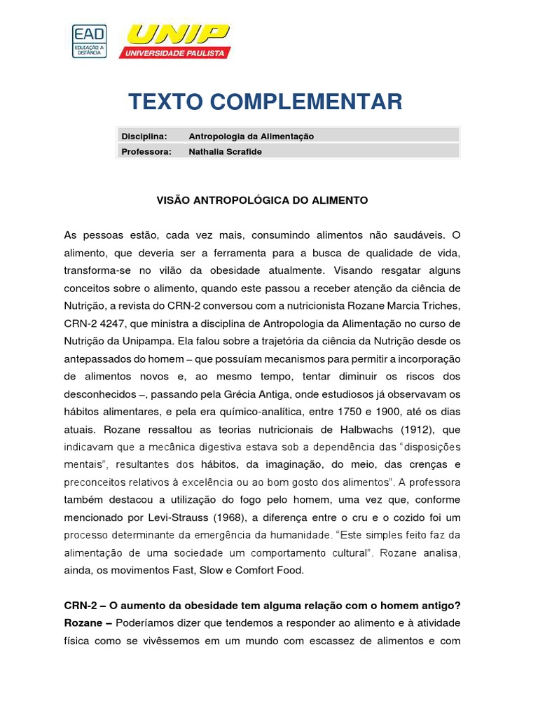 Texto Complementar | Download grátis PDF | Alimentos | Antropologia