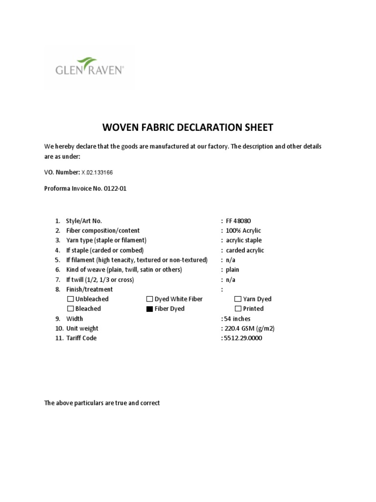 FF 48080 Woven Fabric Declaration Sheet | PDF
