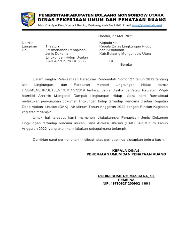 Surat Permohonan Penapisan Lingkungan Hidup | PDF