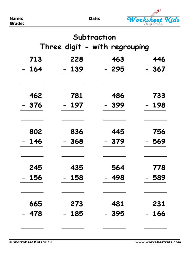 Three-Digit Subtraction Worksheet | PDF