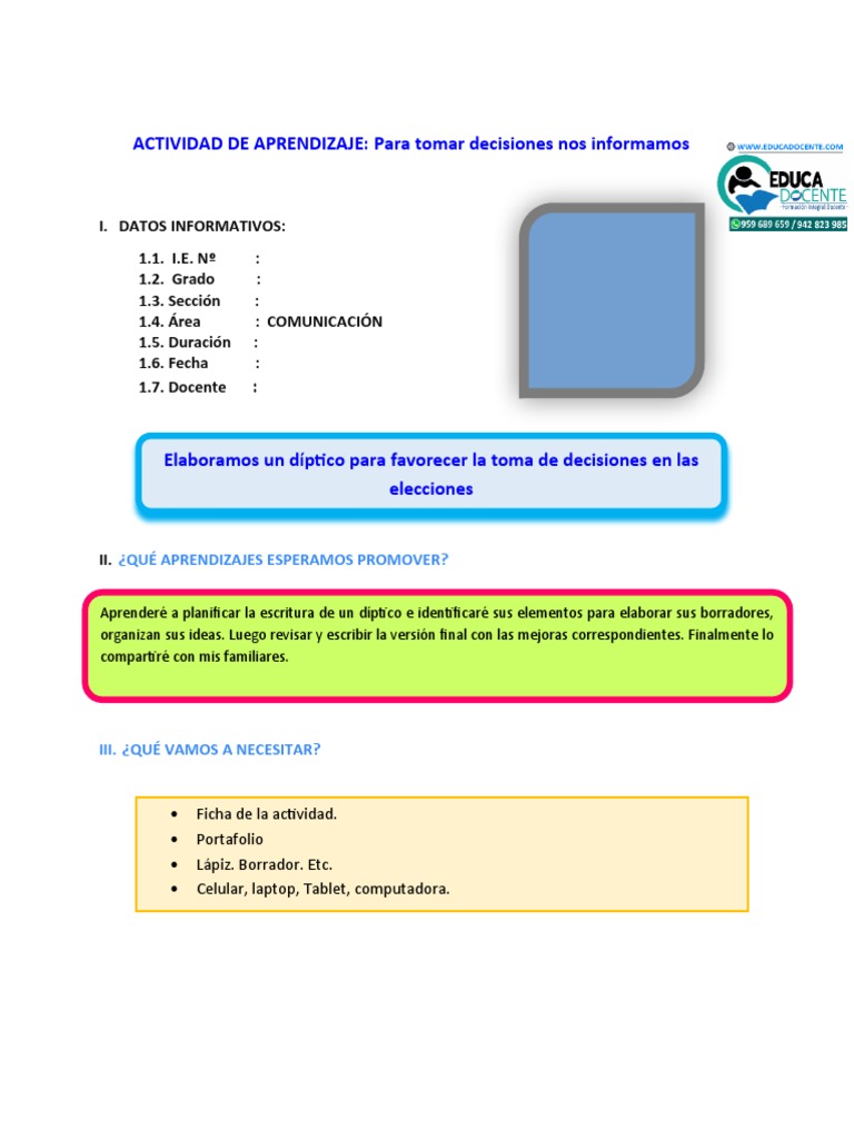 DIA 4 SESION DE APRENDIZAJE Elaboramos Un Díptico para Favorecer La Toma de Decisiones en Las ...