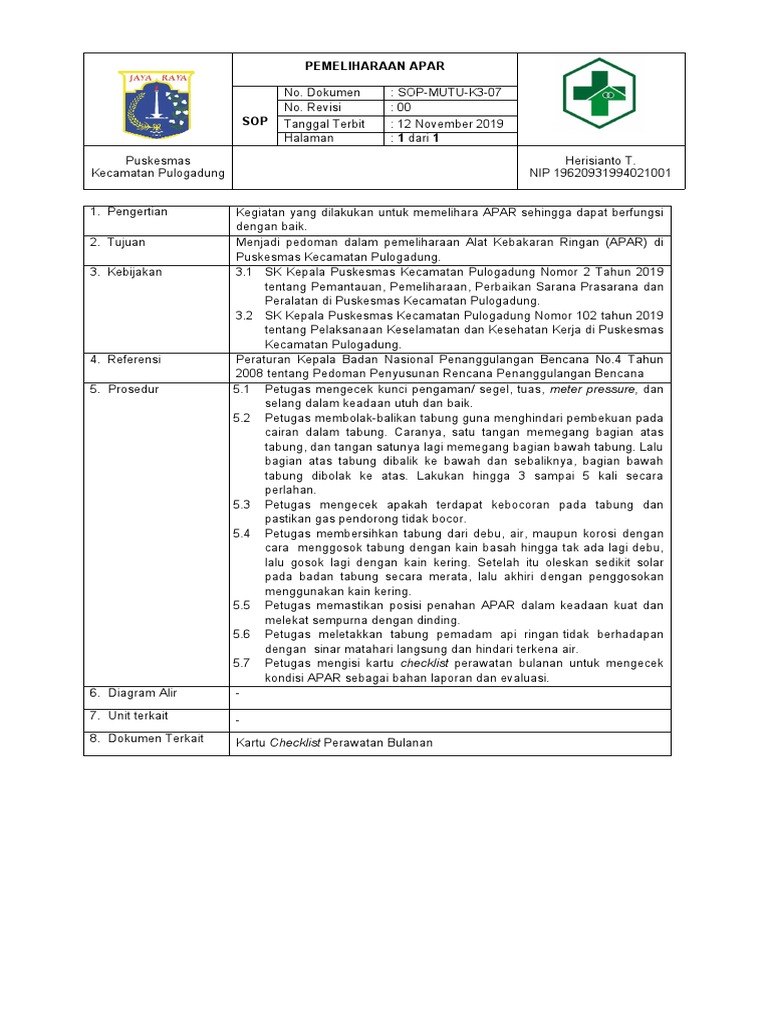 SOP-MUTU-K3-07 Pemeliharaan APAR | PDF