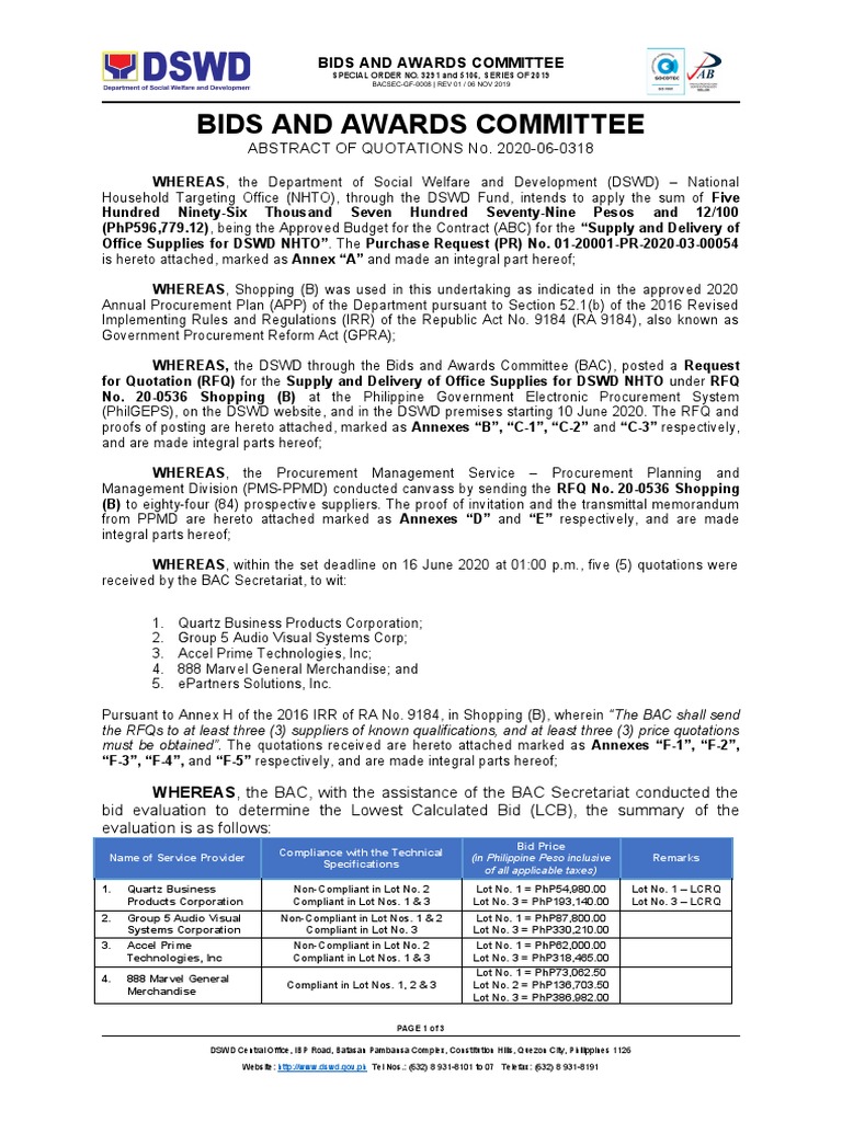 Bids and Awards Committee: ABSTRACT OF QUOTATIONS No. 2020-06-0318 ...