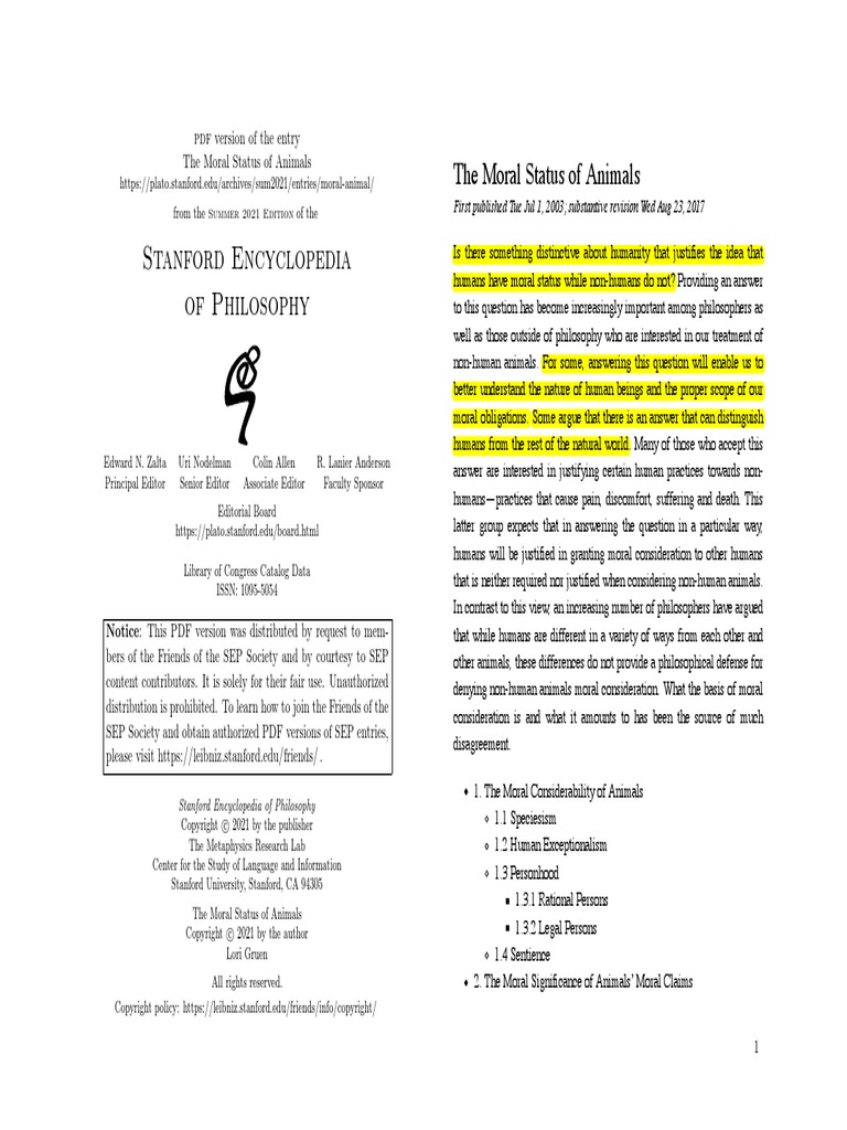Stanford Encyclopedia of Philosophy: The Moral Status of Animals | PDF ...