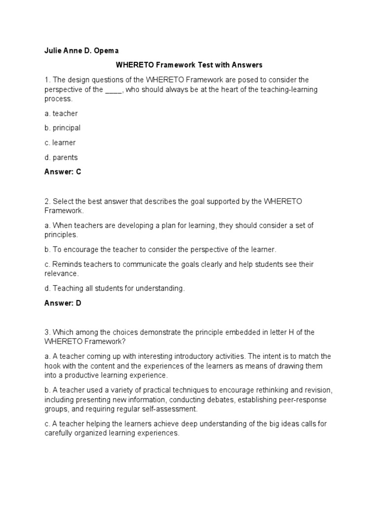 Whereto Framework Questions W Answers | PDF | Teaching Method | Learning