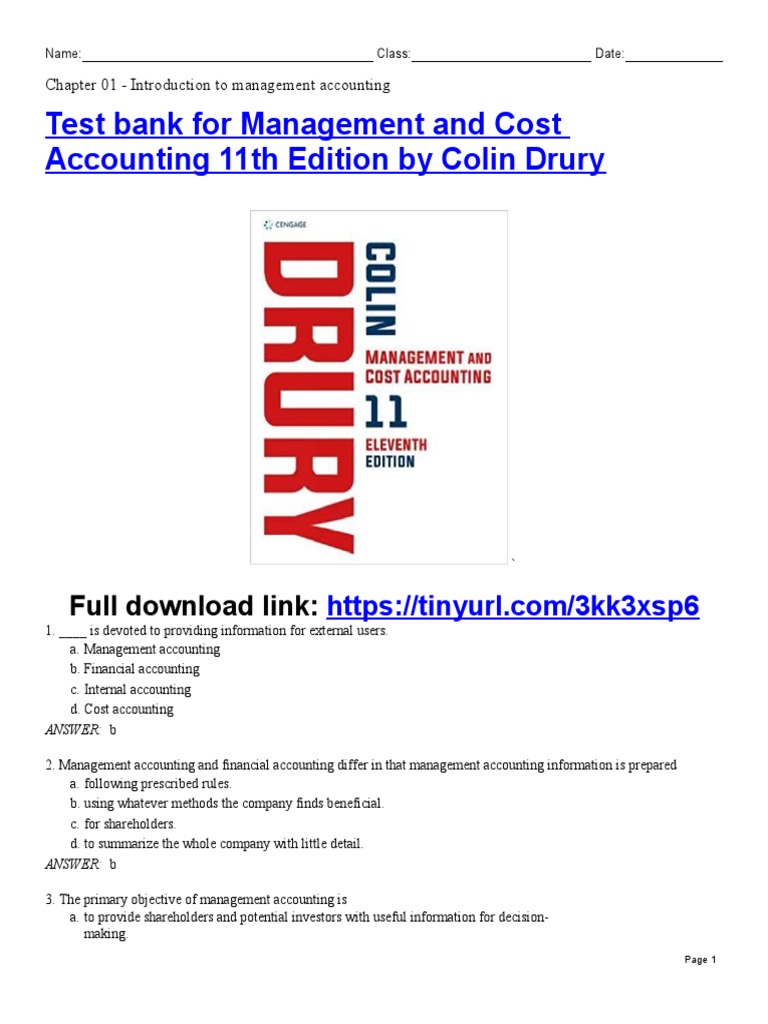 Test Bank For Management and Cost Accounting 11th Edition by Colin ...