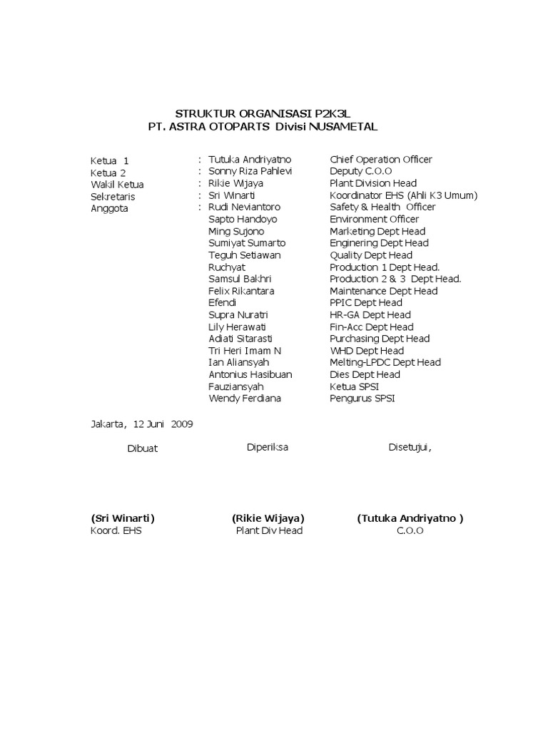 Struktur Organisasi P2K3L Pt. Astra Otoparts Divisi Nusametal | PDF