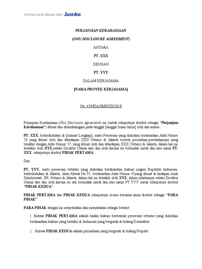 Surat Perjanjian Kerahasiaan Atau Non Disclosure Agreement | PDF