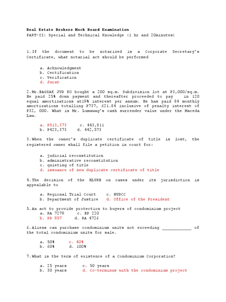 REB - Mock Board Exam | PDF | Lease | Mortgages