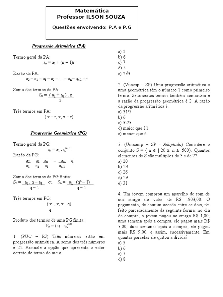 Questões sobre Progressão Aritmética e Progressão Geométrica | PDF ...