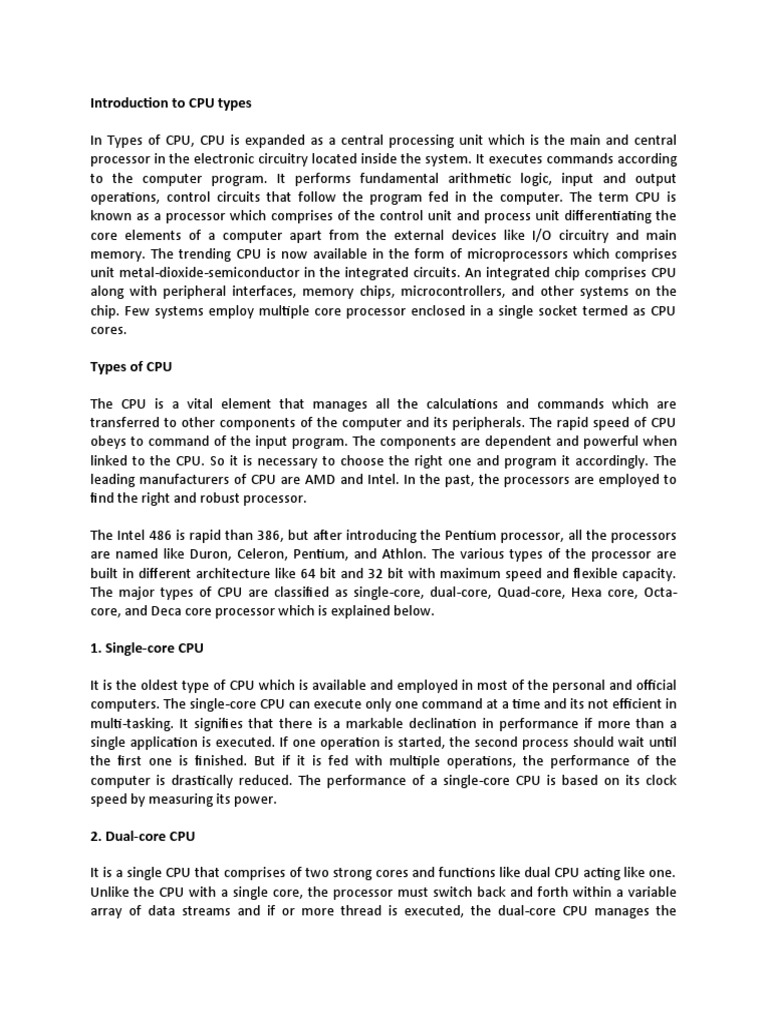 Introduction To CPU Types | PDF | Multi Core Processor | Central ...