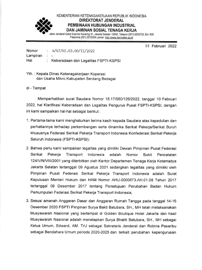 Keberadaan & Legalitas FSPTI KSPSI | PDF