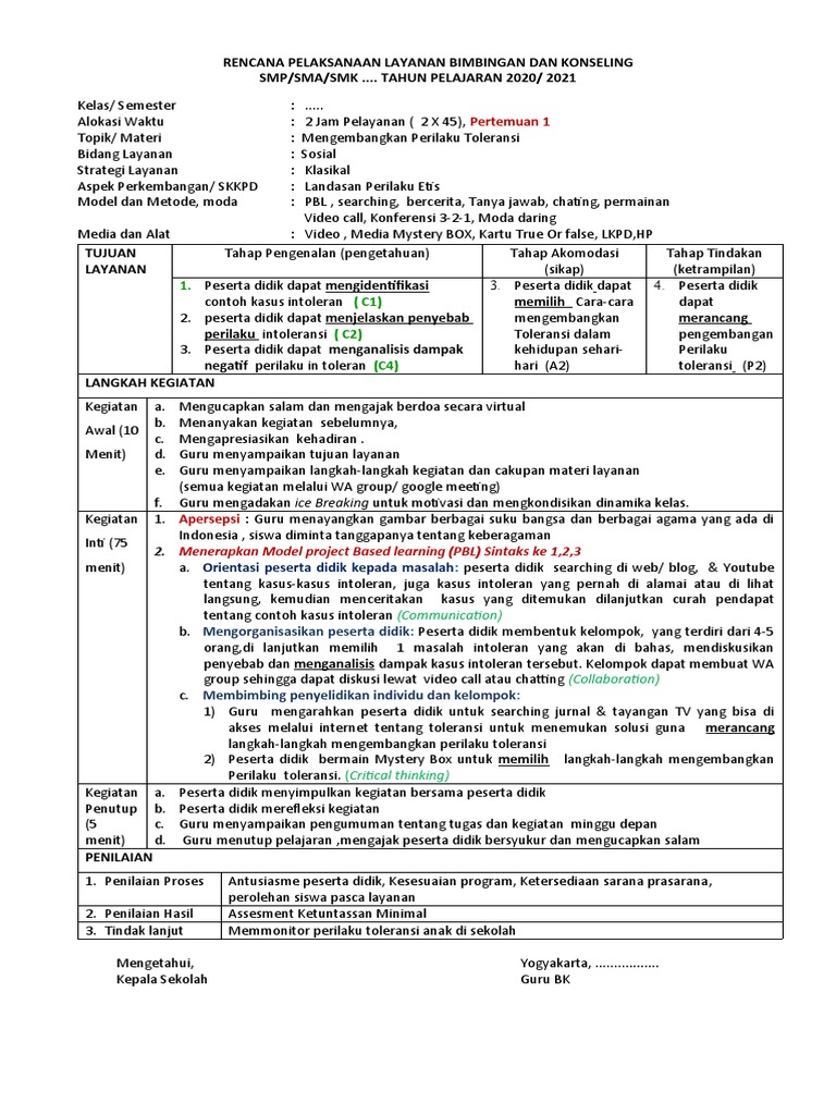 Contoh RPL BK 1 Lembar (Daring) | PDF