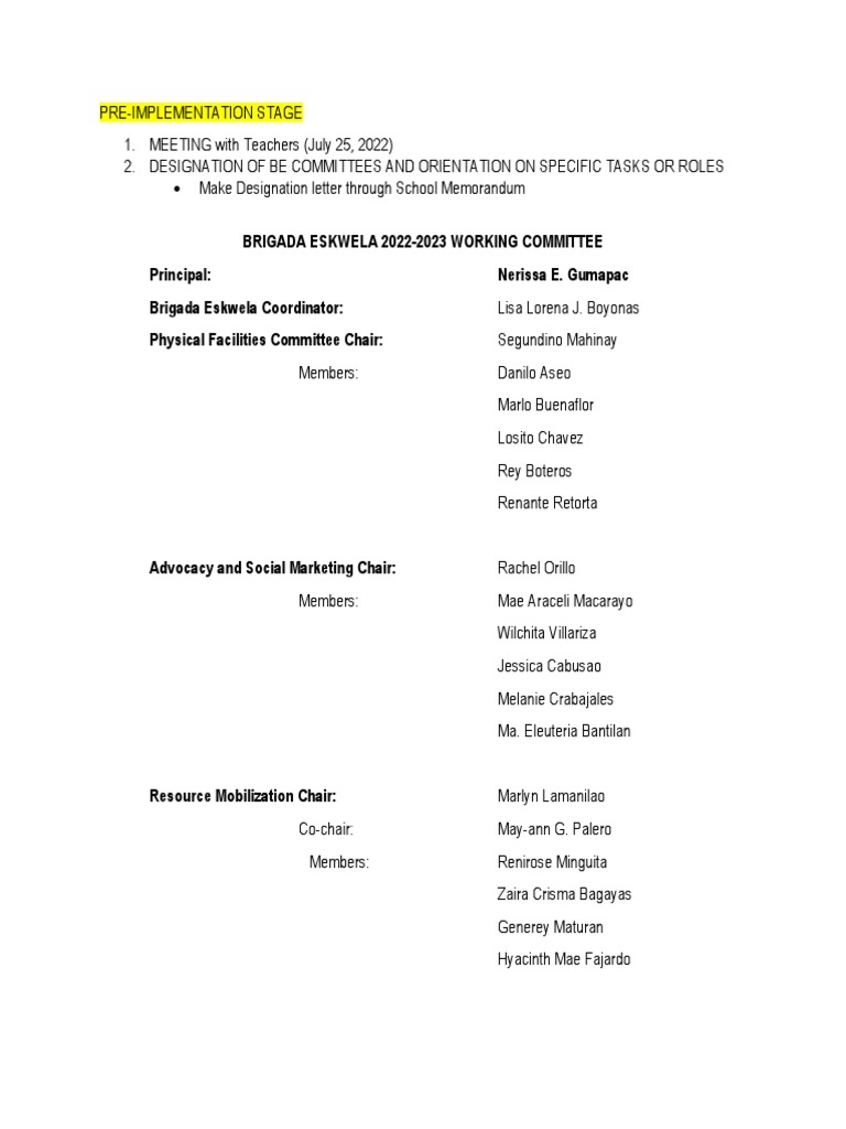 Brigada Eskwela 2022-2023 Working Committee Principal: Nerissa E ...