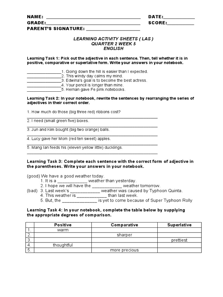 Grade 4 Q2 W5 English LAS | PDF | Adjective | Cognitive Science