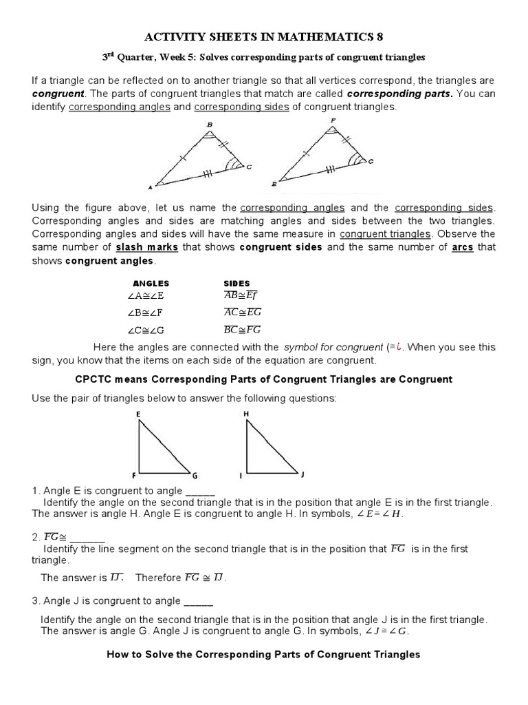 Activity Sheets in Mathematics 8 | PDF | Triangle | Angle