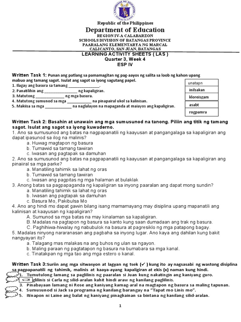 Grade 4 LAS Q3 W4 ESP | PDF