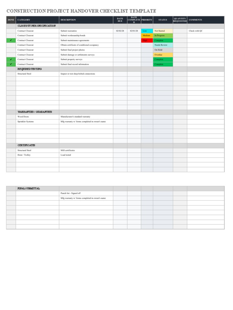 Construction Handover Checklist | PDF | Specification (Technical Standard)
