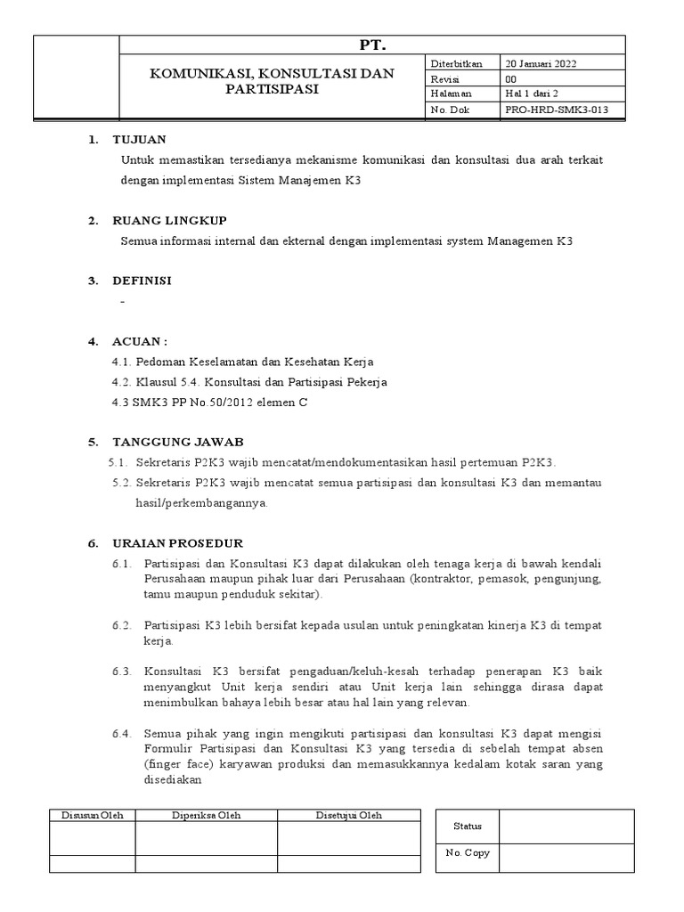 Partisipasi Dan Konsultasi K3 (Pro-Hrd-Smk3-013) | PDF Partisipasi Dan Konsultasi K3 (Pro-Hrd-Smk3-013) | PDF