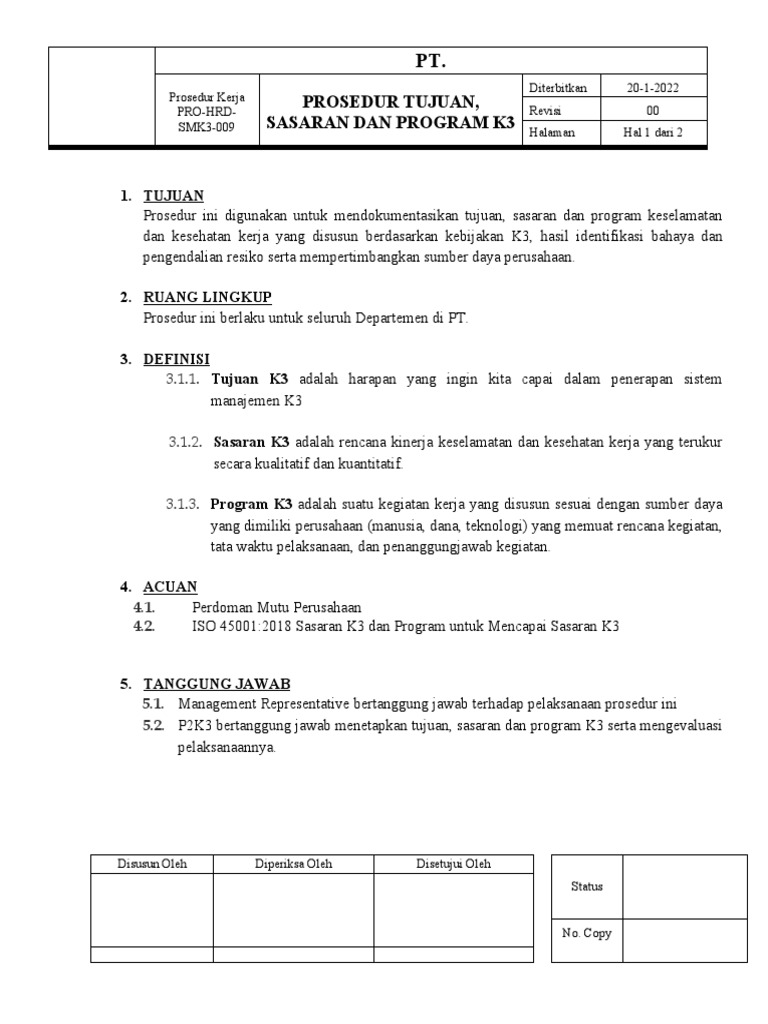 Sasaran Dan Program K3 (PRO-HRD-SMK3-009) | PDF