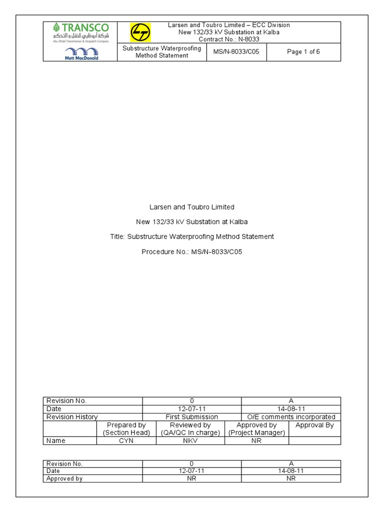 Substructure Waterproofing Method Statement for the New 132/33 kV ...