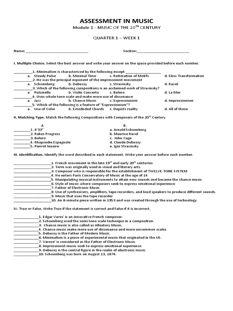 Assessment in Music: Module 1 - MUSIC OF THE 20 Century Quarter 1 ...