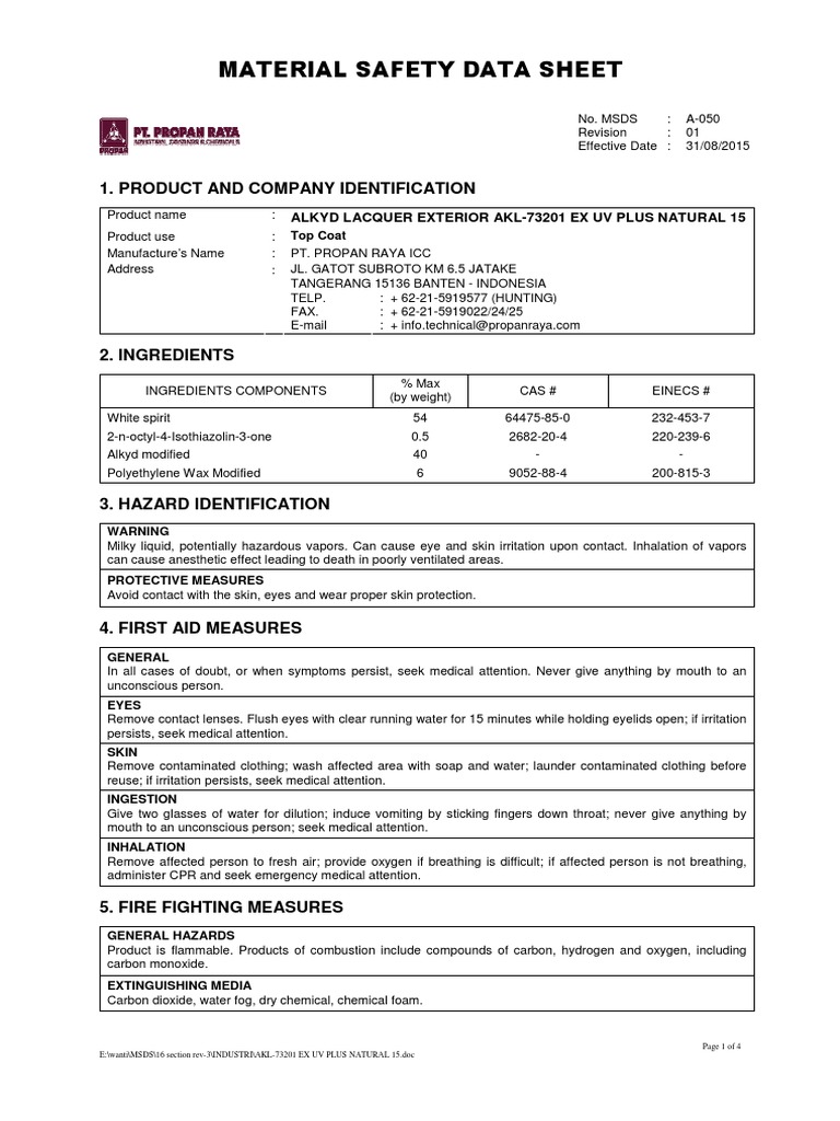 MSDS Alkyd Lacquer Exterior Akl-73201 Ex Uv Plus Natural 15 | PDF ...