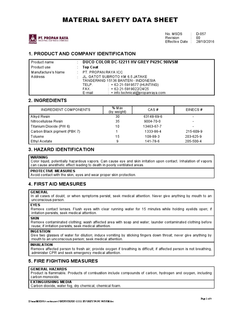 MSDS Duco Color DC-12211 HV Grey P429C 90ivsm | PDF | Combustion ...