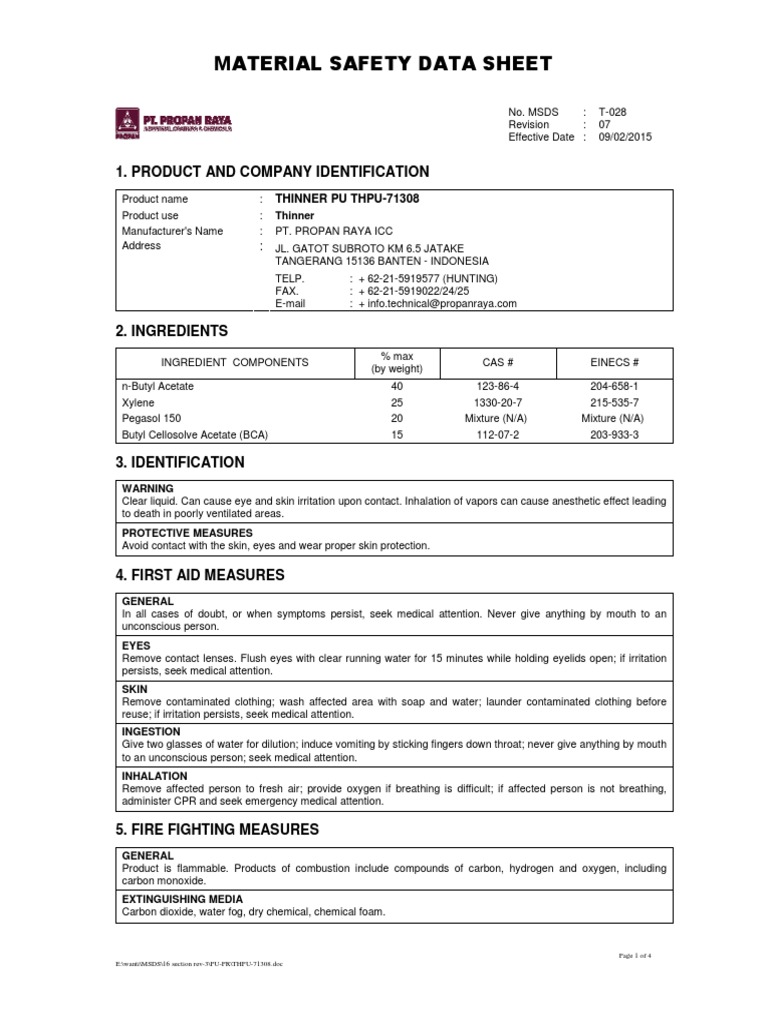 MSDS Thinner Pu Thpu-71308 | PDF | Combustion | Firefighting