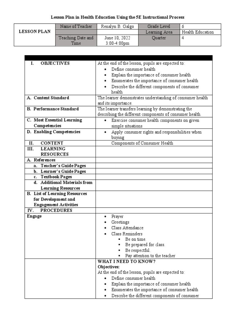Health Education Lesson Plan: Consumer Health | PDF | Learning | Lesson ...